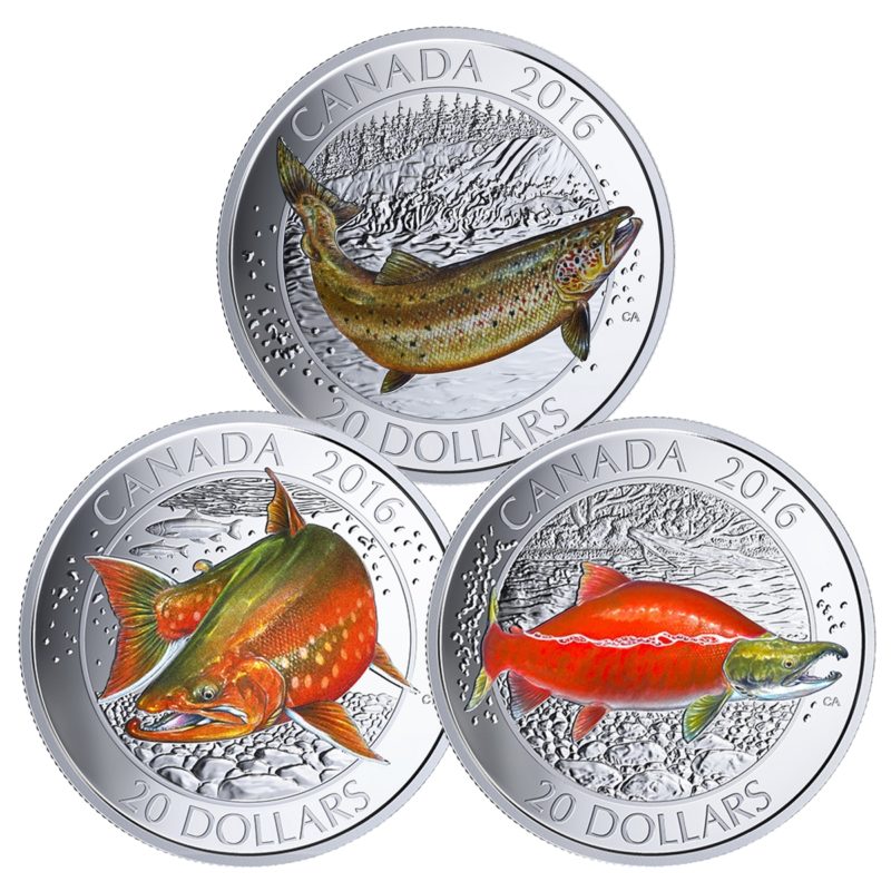 2016 $20 CANADIAN SALMONID - PURE SILVER COIN SET WITH DISPLAY CASE AND ...
