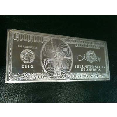 2003 One 1 Million Dollar Bill 4 oz .999 Silver Huge Bar - Bullion Mart