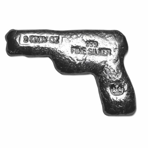 2 oz Fine Silver Gun - 3D Poured Bar Pistol Handgun - Bullion Mart