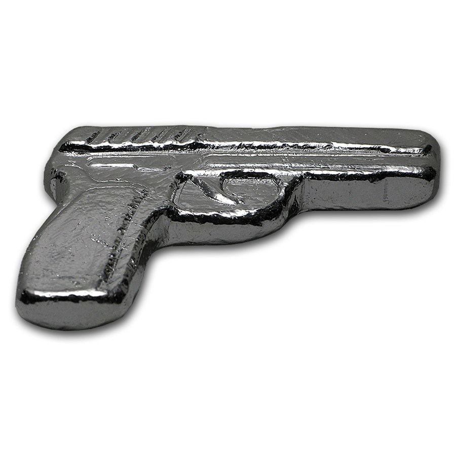 2 oz Fine Silver Gun - 3D Poured Bar Pistol Handgun - Bullion Mart