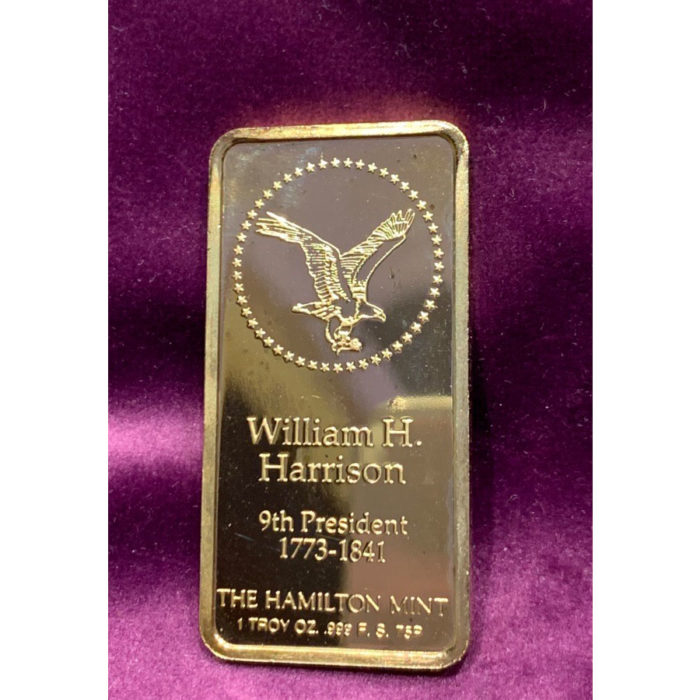 1 oz .999 William H Harrison - The Hamilton Mint Gold Plated Silver Bar ...