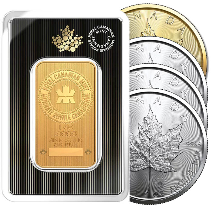 3 RCM Combo - 1 oz RCM Gold Bar + 1 oz Gold Maple Leaf Coin + 3 x 1 oz Silver Maple Leaf Coins ...