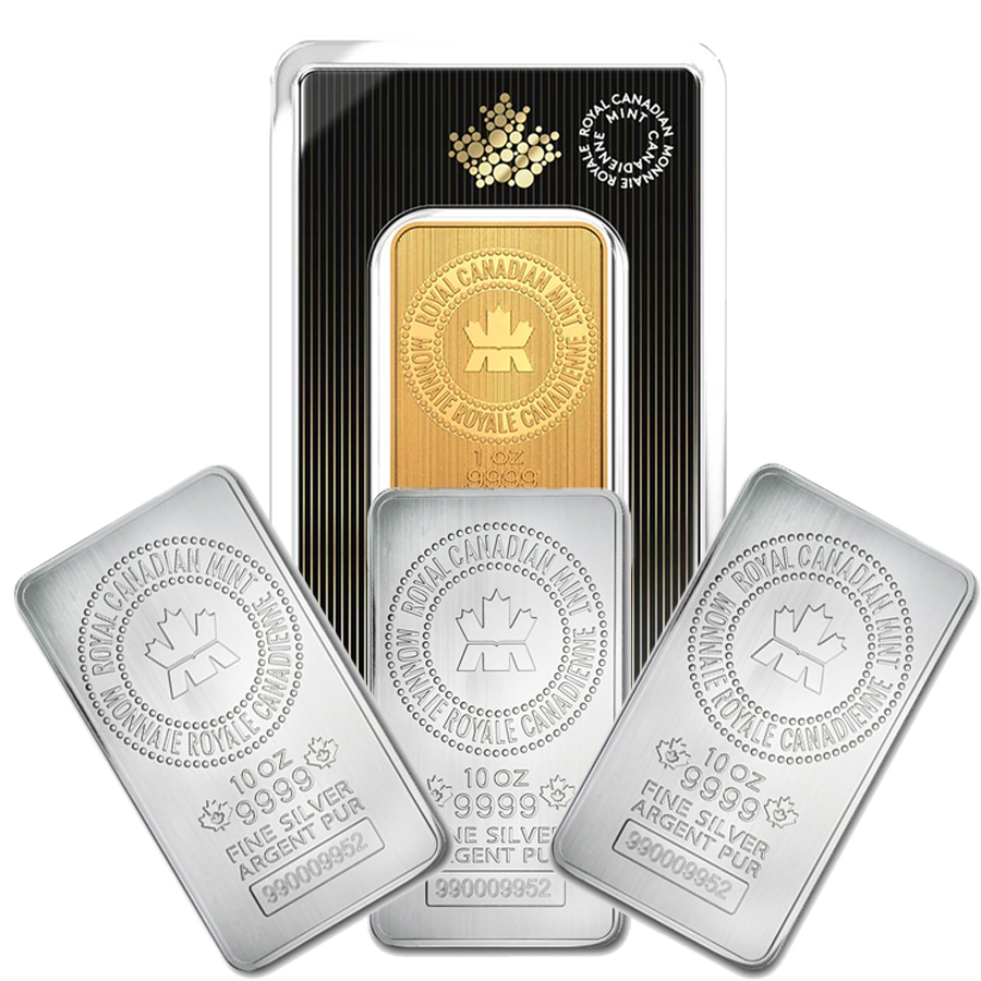 Gold Silver Bars Combo - 1 oz RCM Gold Bar + 3 X 10 oz RCM Silver Bar ...