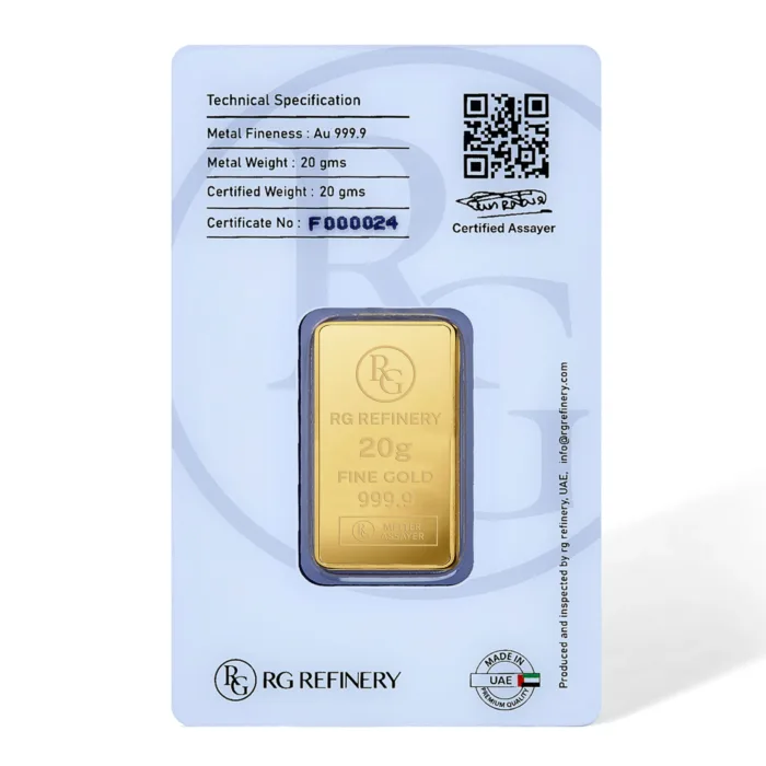 20 gram Pure Gold Falcon Bar 0.9999 - RG Refinery, UAE - Bullion Mart