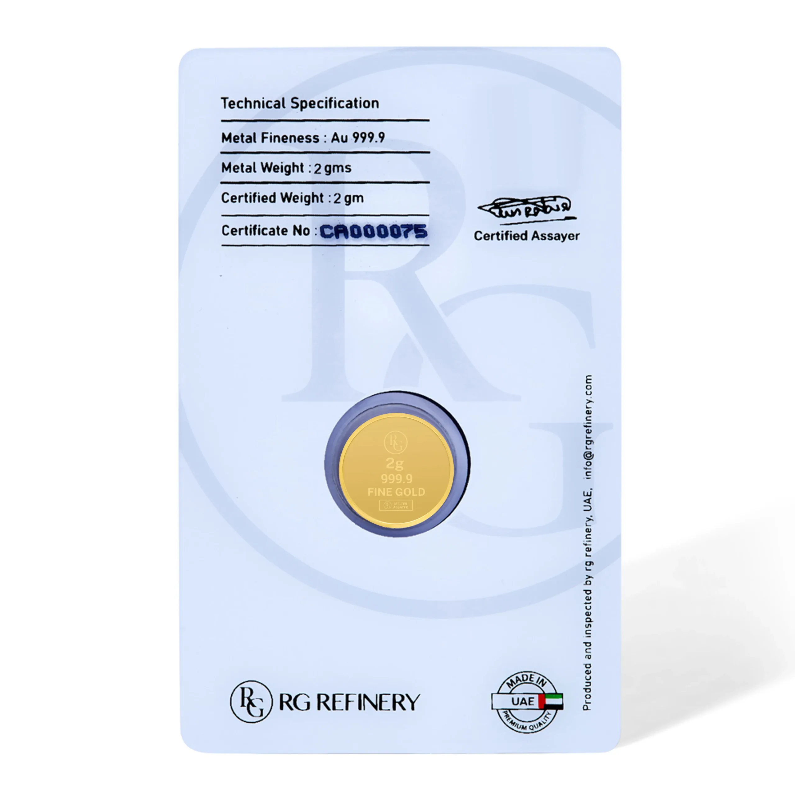 2 Gram Pure Gold Coin 0.9999 - RG Refinery, UAE - Bullion Mart | Dubai ...