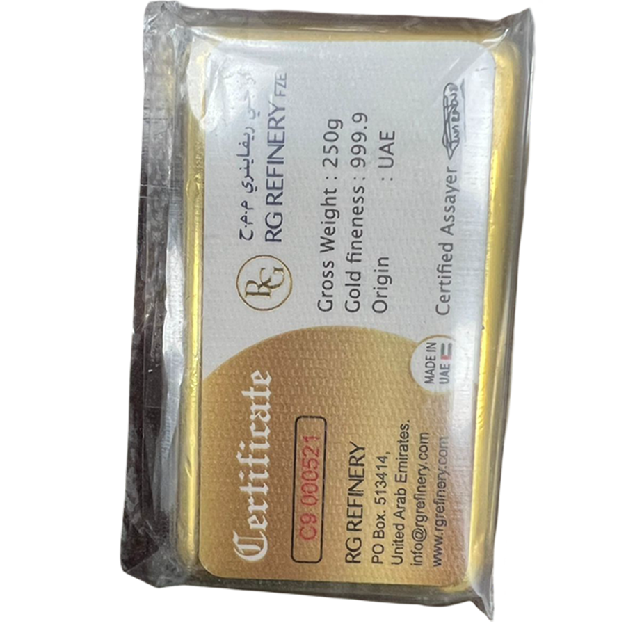 250 gram Pure Gold Bar 0.9999 - RG Refinery, UAE (w/Certificate ...